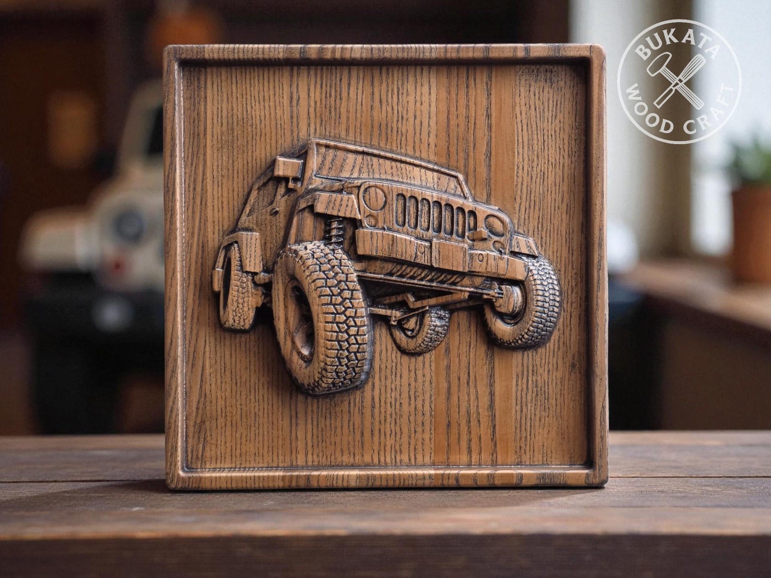 Jeep Wood Sculpture: Detailed Four-wheel Drive Carving - Rustic Decor ...