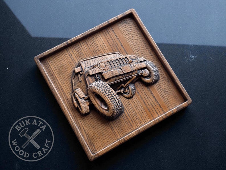 Jeep Wood Sculpture: Detailed Four-wheel Drive Carving - Rustic Decor ...