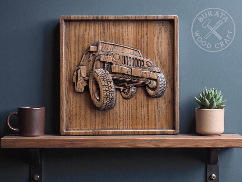 Jeep Wood Sculpture: Detailed Four-wheel Drive Carving - Rustic Decor ...