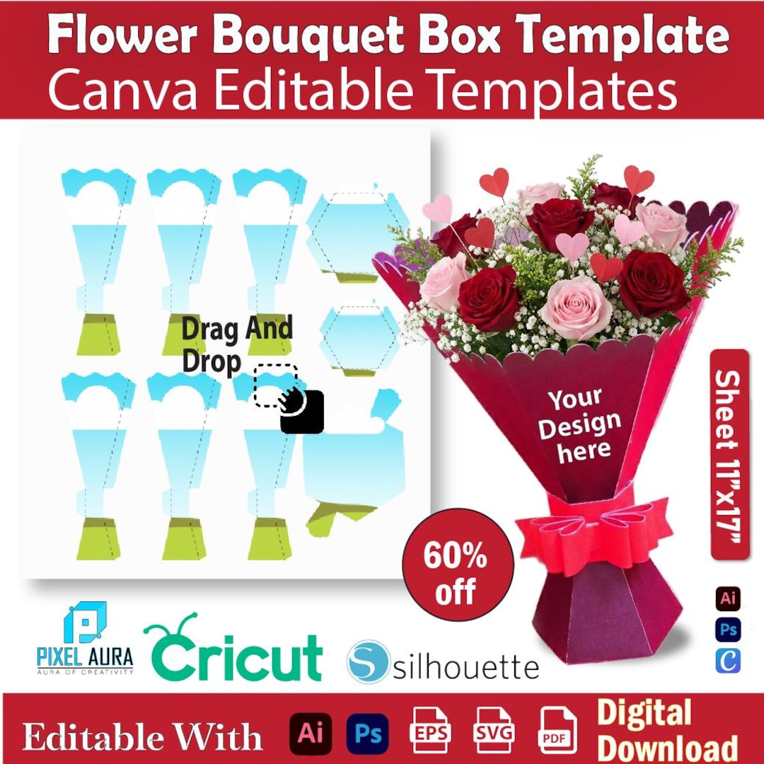 Flower Bouquet Box Template, Flower Box, Flower Bouquet, Gift Box, Rose ...
