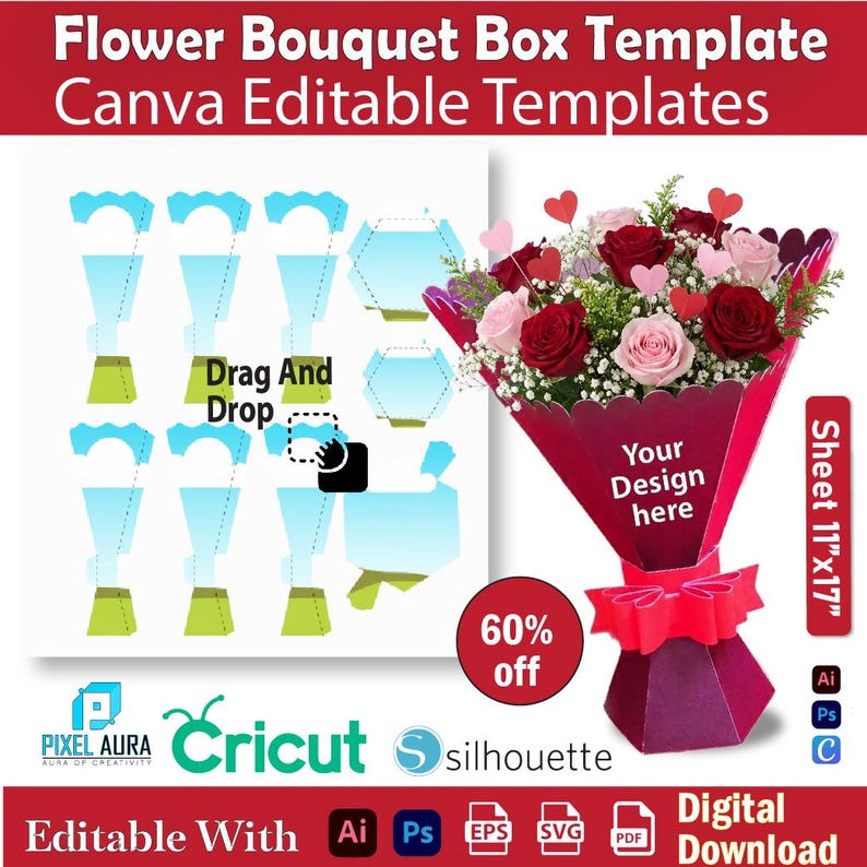 Flower Bouquet Box Template, Flower Box, Flower Bouquet, Gift Box, Rose ...