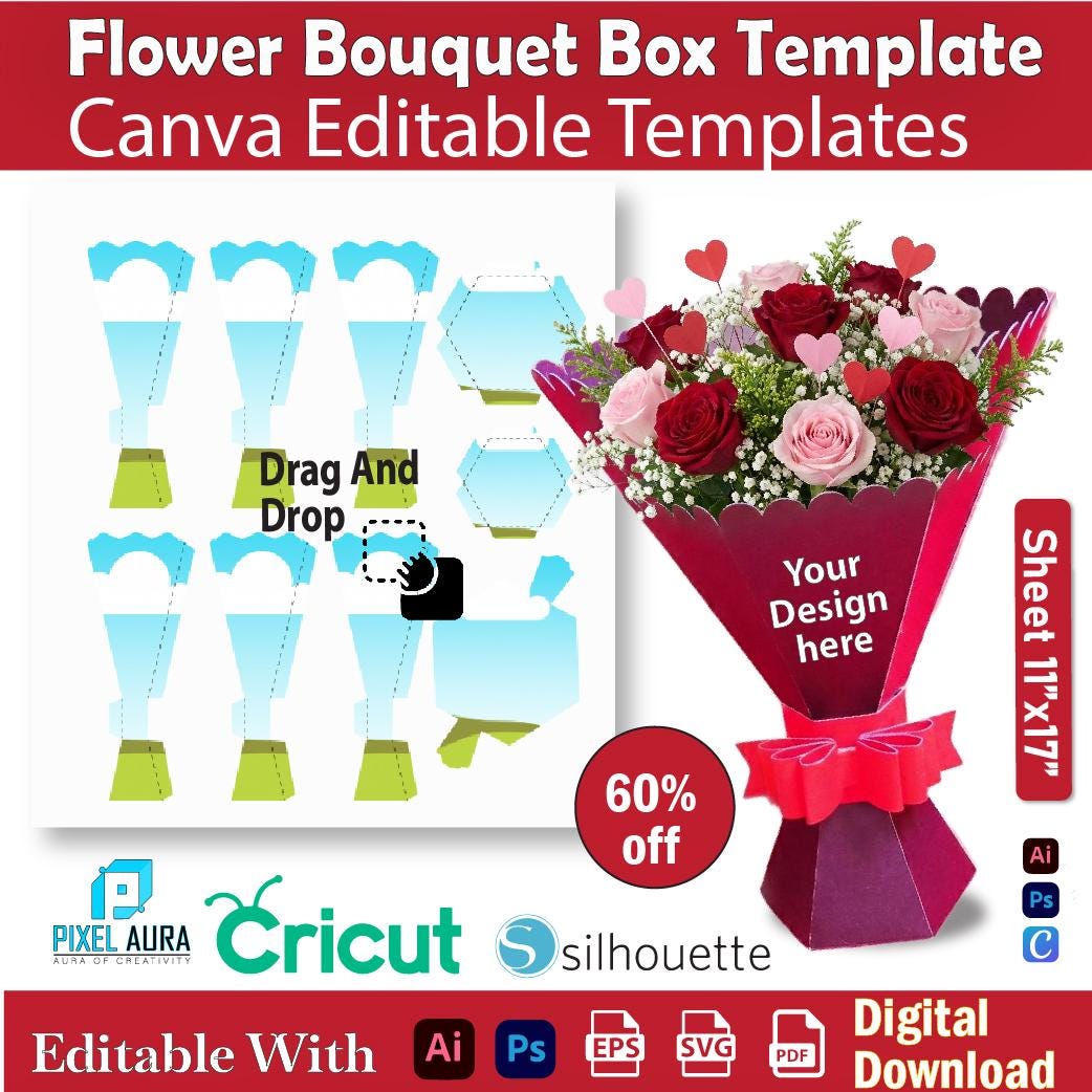 Flower Bouquet Box Template, Flower Box, Flower Bouquet, Gift Box, Rose ...