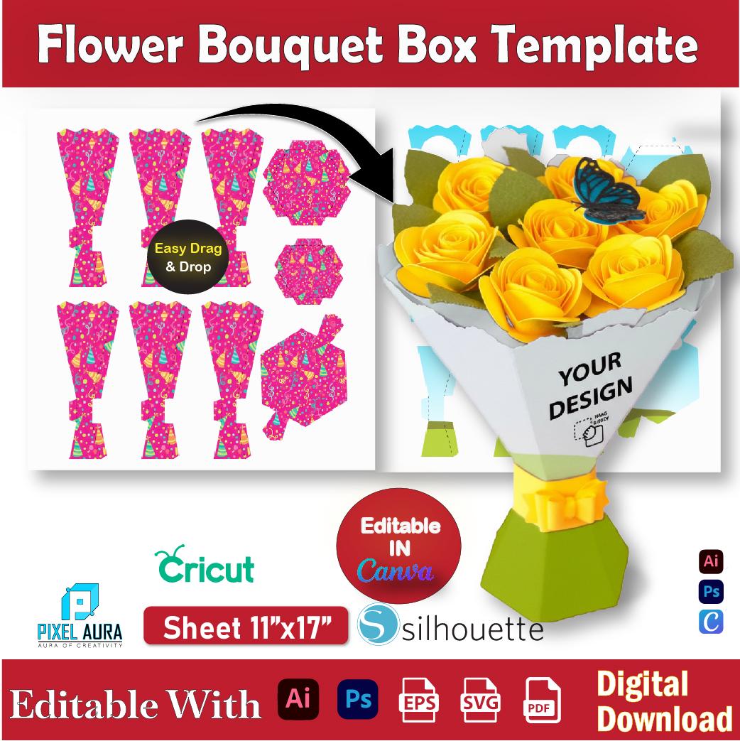 Flower Bouquet Box Template, Flower Box, Flower Bouquet, Gift Box, Rose ...
