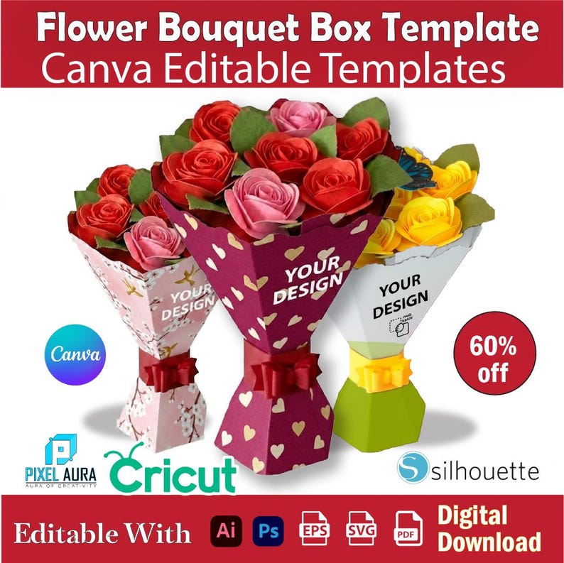 Flower Bouquet Box Template, Flower Box, Flower Bouquet, Gift Box, Rose ...