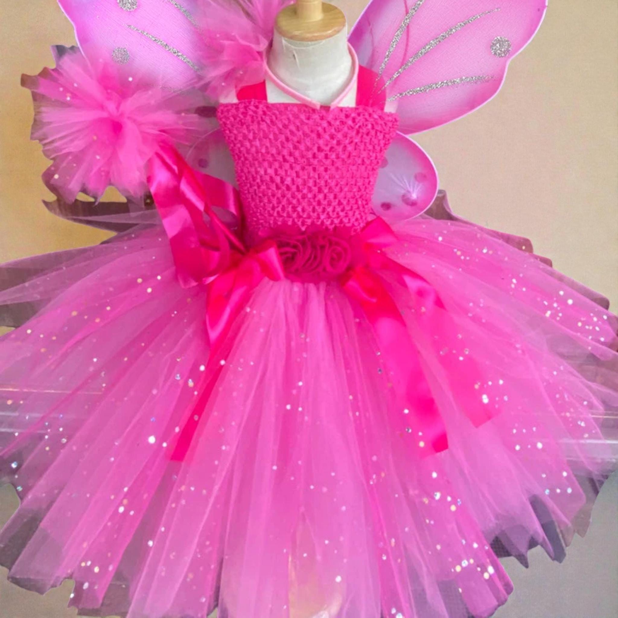 Pink Glitter Tulle Fairy Dress for Girls With Butterfly Wings, Tutu ...
