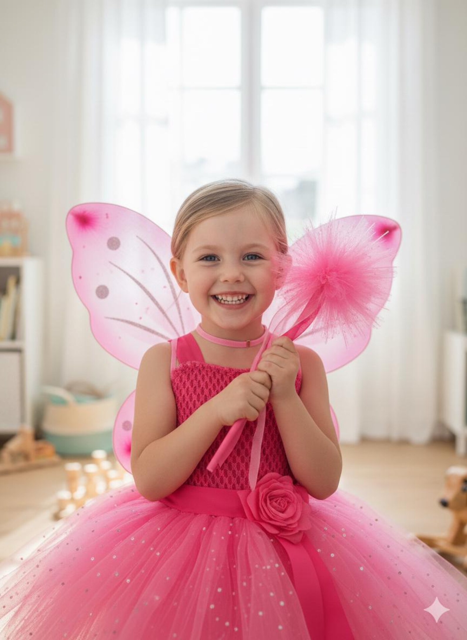 Pink Glitter Tulle Fairy Dress for Girls With Butterfly Wings, Tutu ...