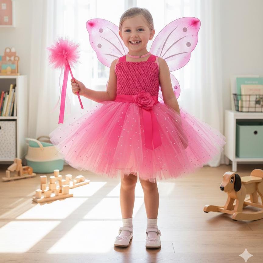Pink Glitter Tulle Fairy Dress for Girls With Butterfly Wings, Tutu ...