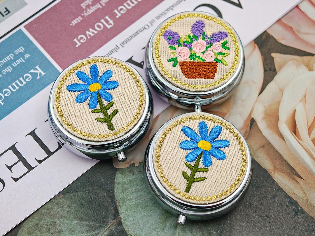 Floral Embroidered Metal Pill Box | Handmade Keepsake Case | Gift for ...