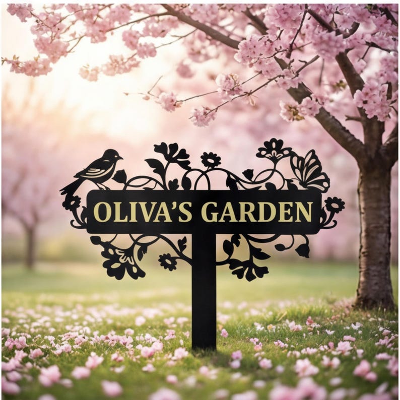 Custom Metal Garden Sign: Bird & Flower Design, Personalized Name Sign ...