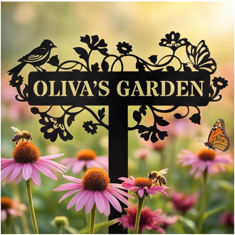 Custom Metal Garden Sign: Bird & Flower Design, Personalized Name Sign ...
