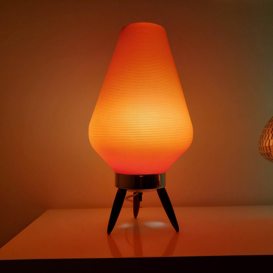 Beehive Lamp Orange Ribbed Plastic Mid-century Table Lamp With Wooden ...