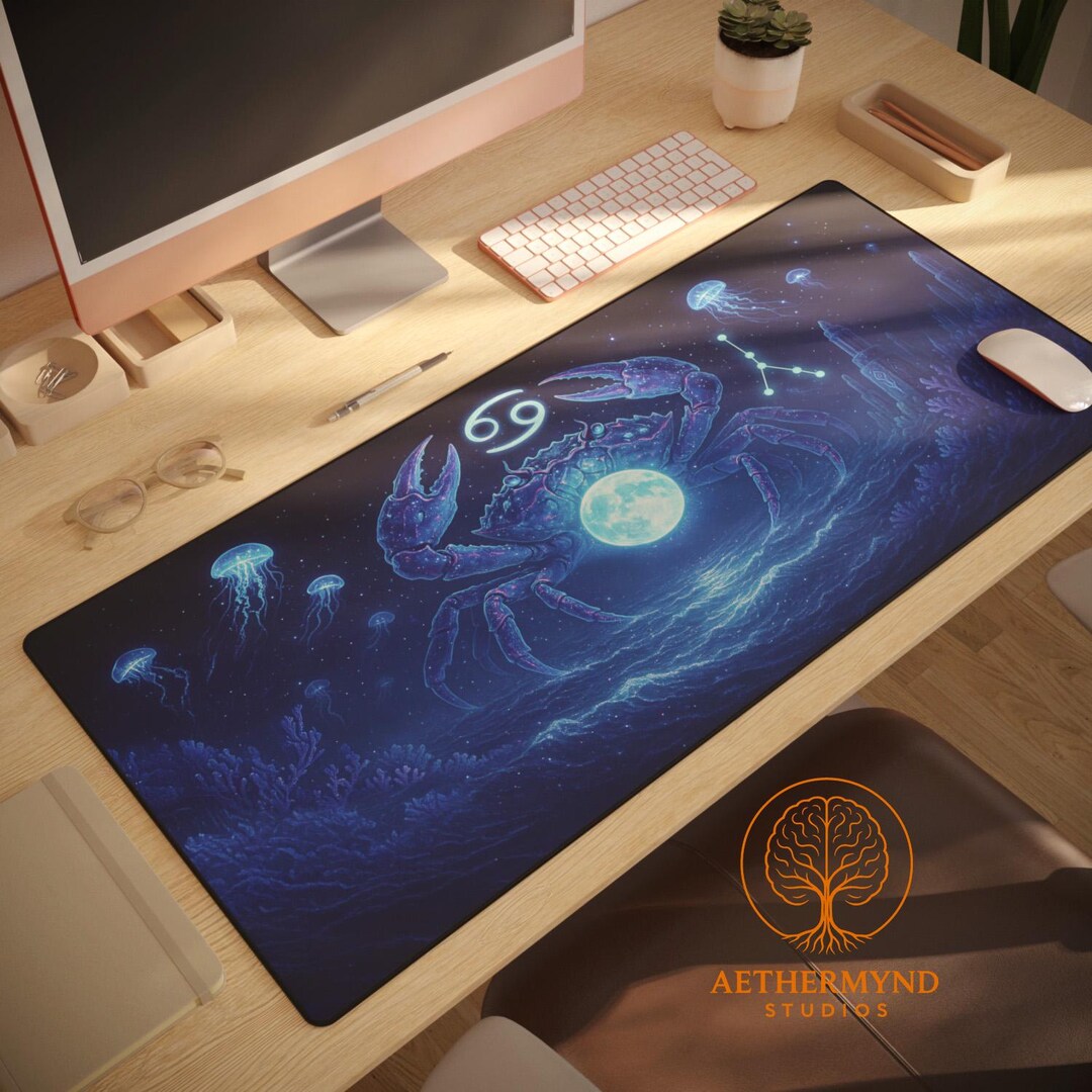 Cancer Zodiac Desk Mat - Moonbound Sentinel Mouse Pad, Lunar Water Sign ...