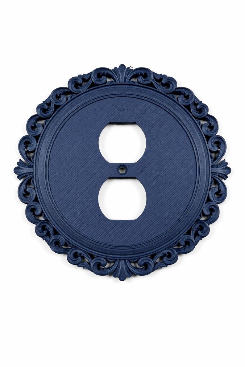 Victorian Duplex Outlet Cover: Ornate Round Wall Medallion, Navy Blue ...