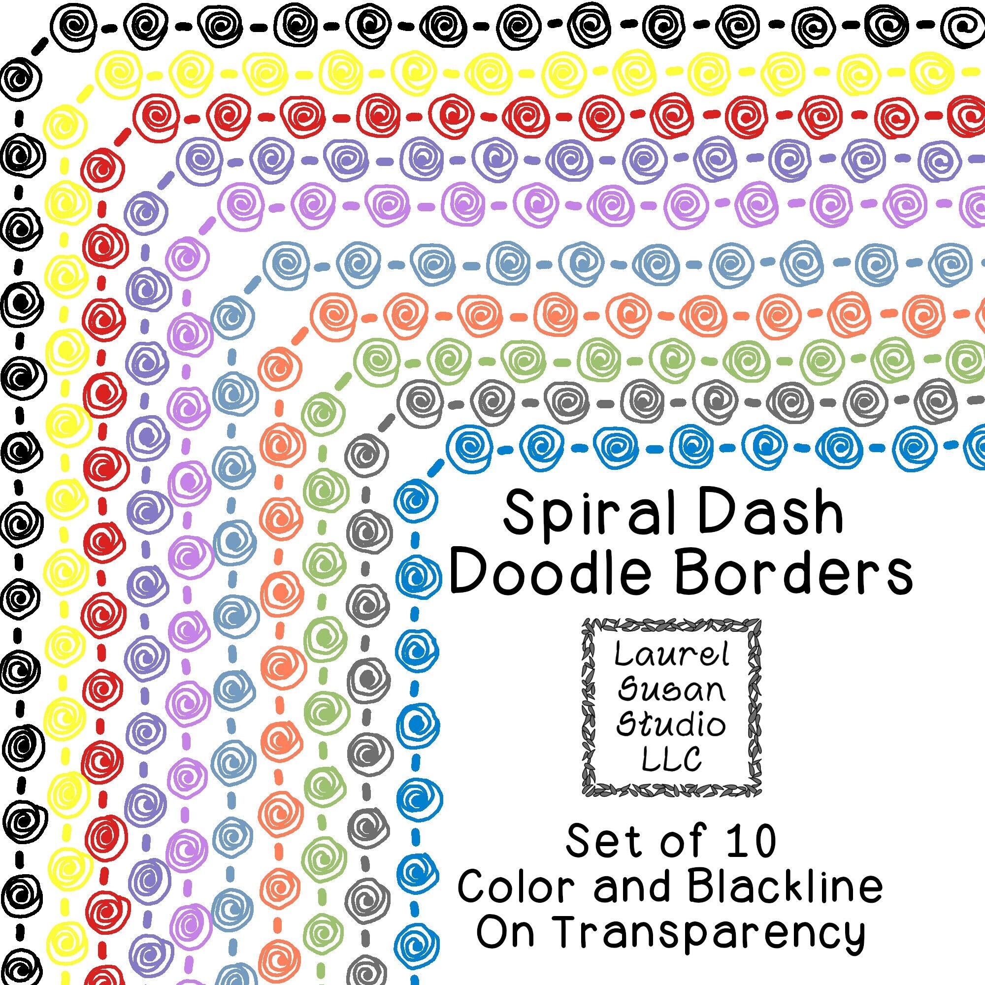 Spiral Dash Doodle Borders Clip Art PNG Blackline Included Commercial ...
