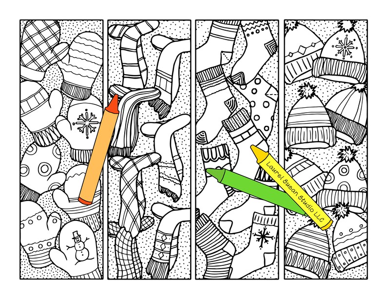 Winter Bookmarks PDF Printable Coloring Page Mittens, Hats, Scarves ...