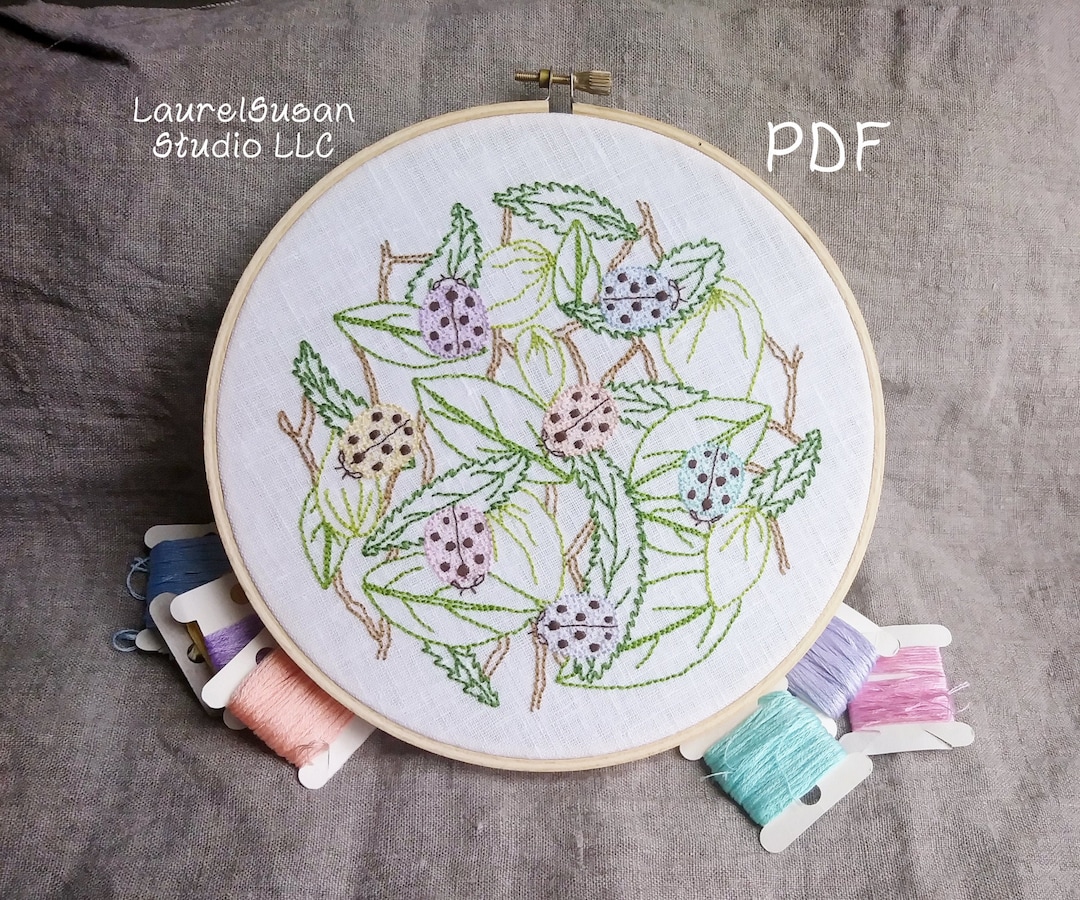 Ladybugs Hand Embroidery Pattern PDF Digital, Ladybug Pastel Leaves ...