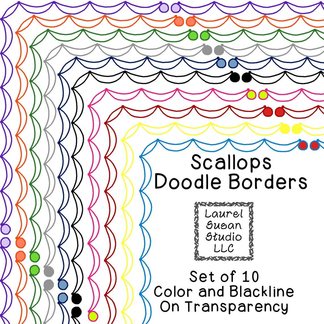 Scallops Doodle Borders Clip Art PNG Blackline Included Commercial ...