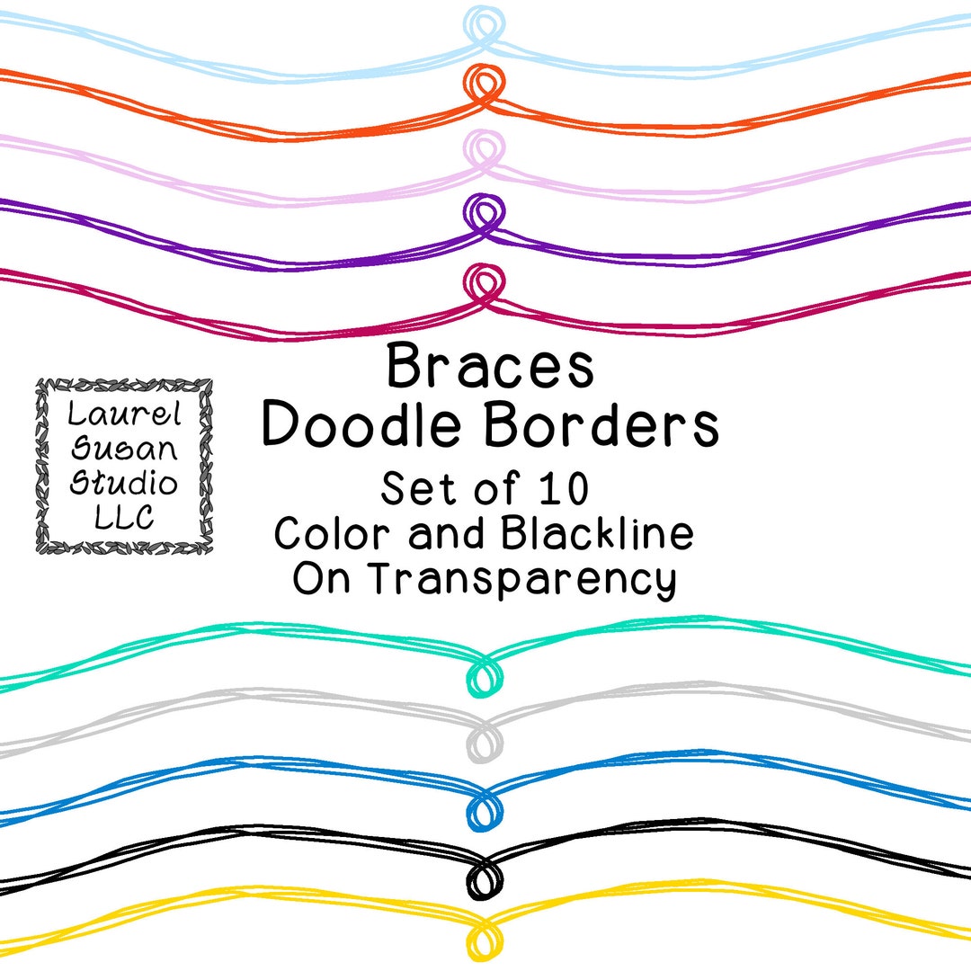 Braces Doodle Borders Clip Art PNG Blackline Included Commercial ...