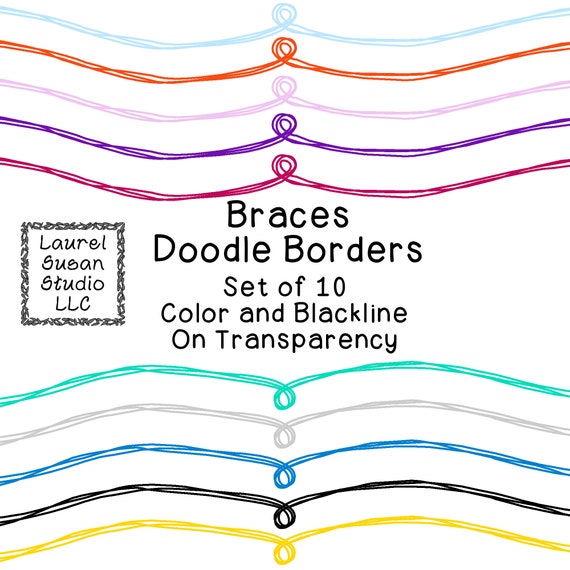 Braces Doodle Borders Clip Art PNG Blackline Included | Etsy