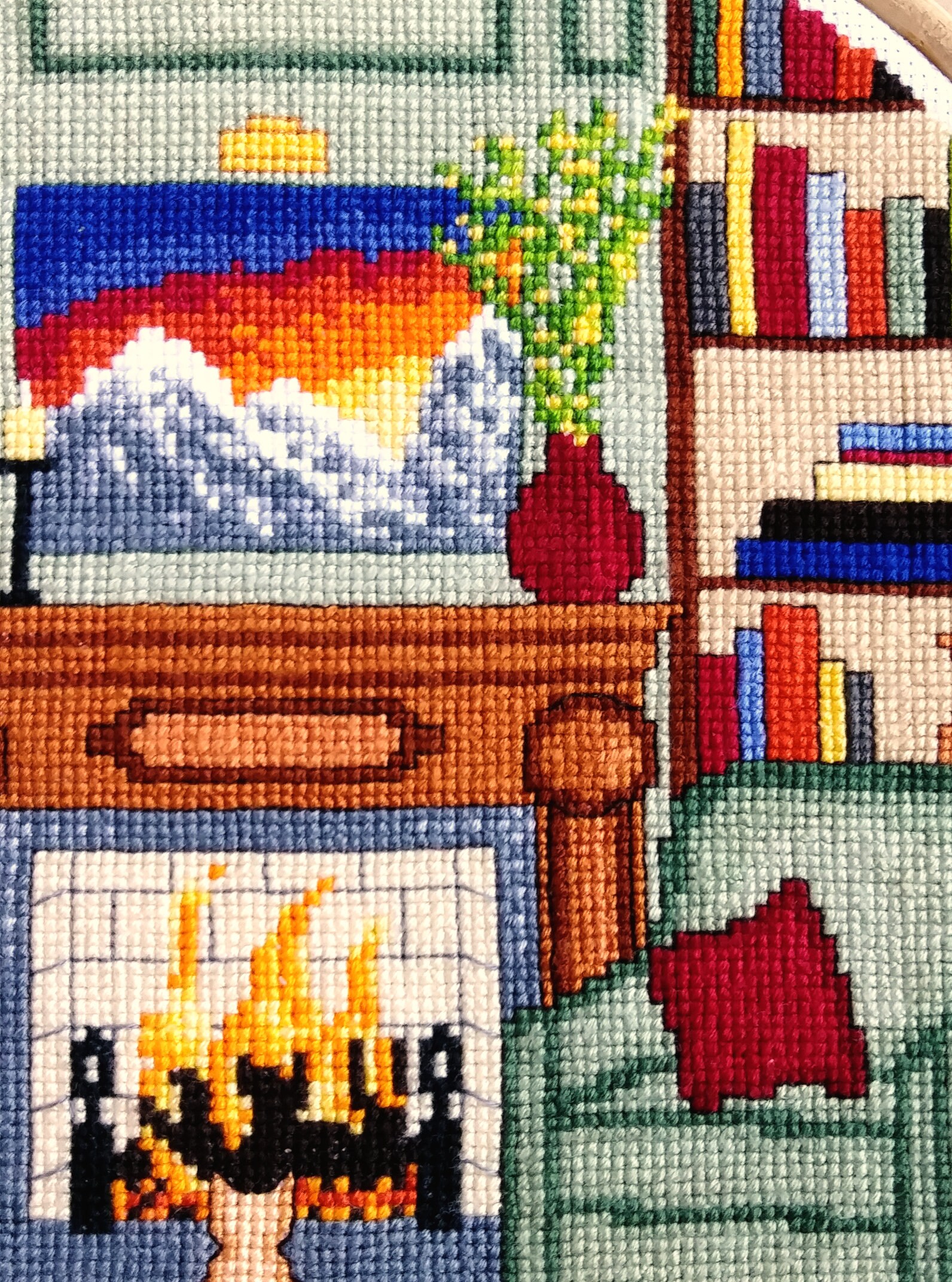 Cozy Library Cross Stitch Pattern: Fireplace, Books, Cat (PDF Digital ...