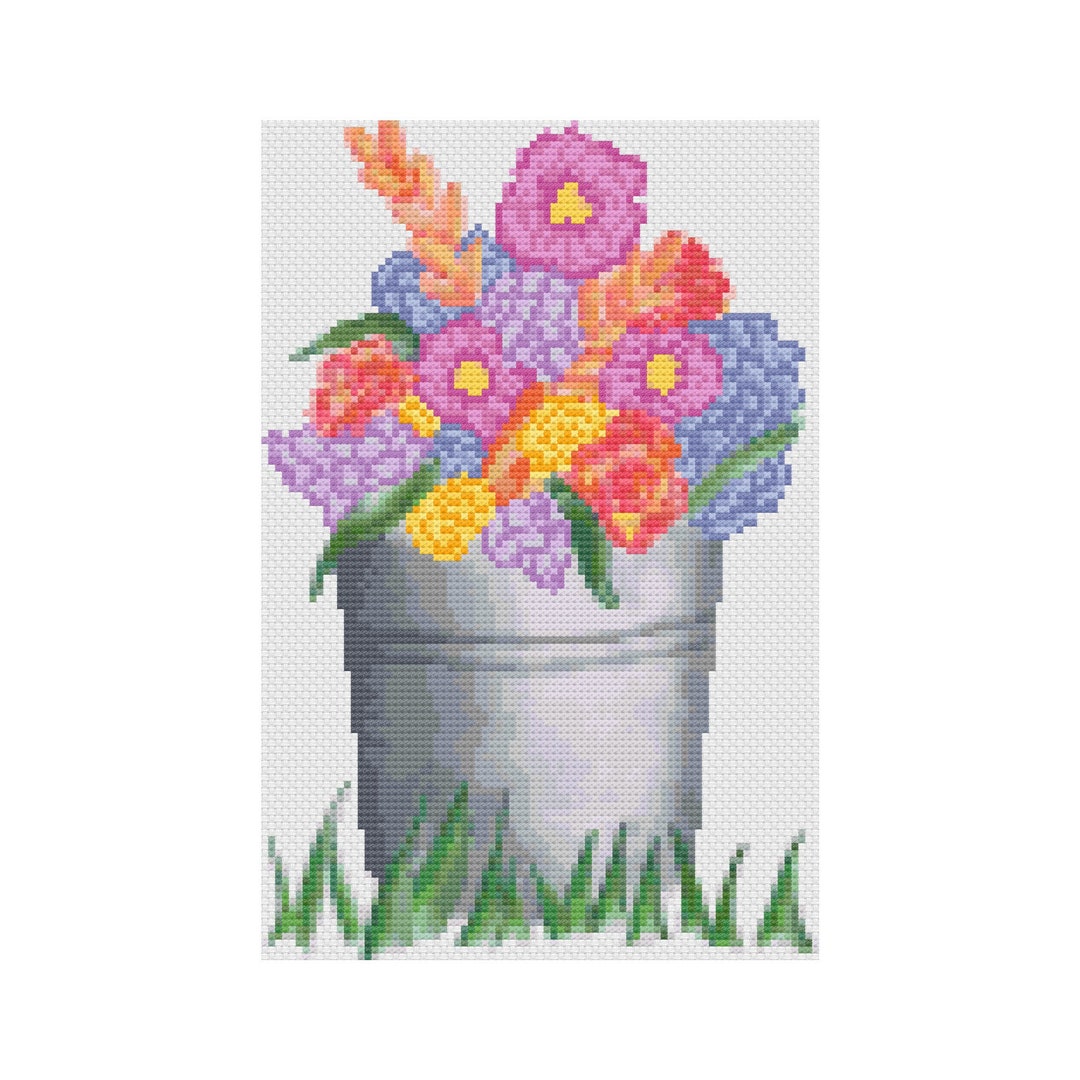 Pail of Flowers Cross Stitch Pattern, PDF Digital, Pastels, Watercolor ...