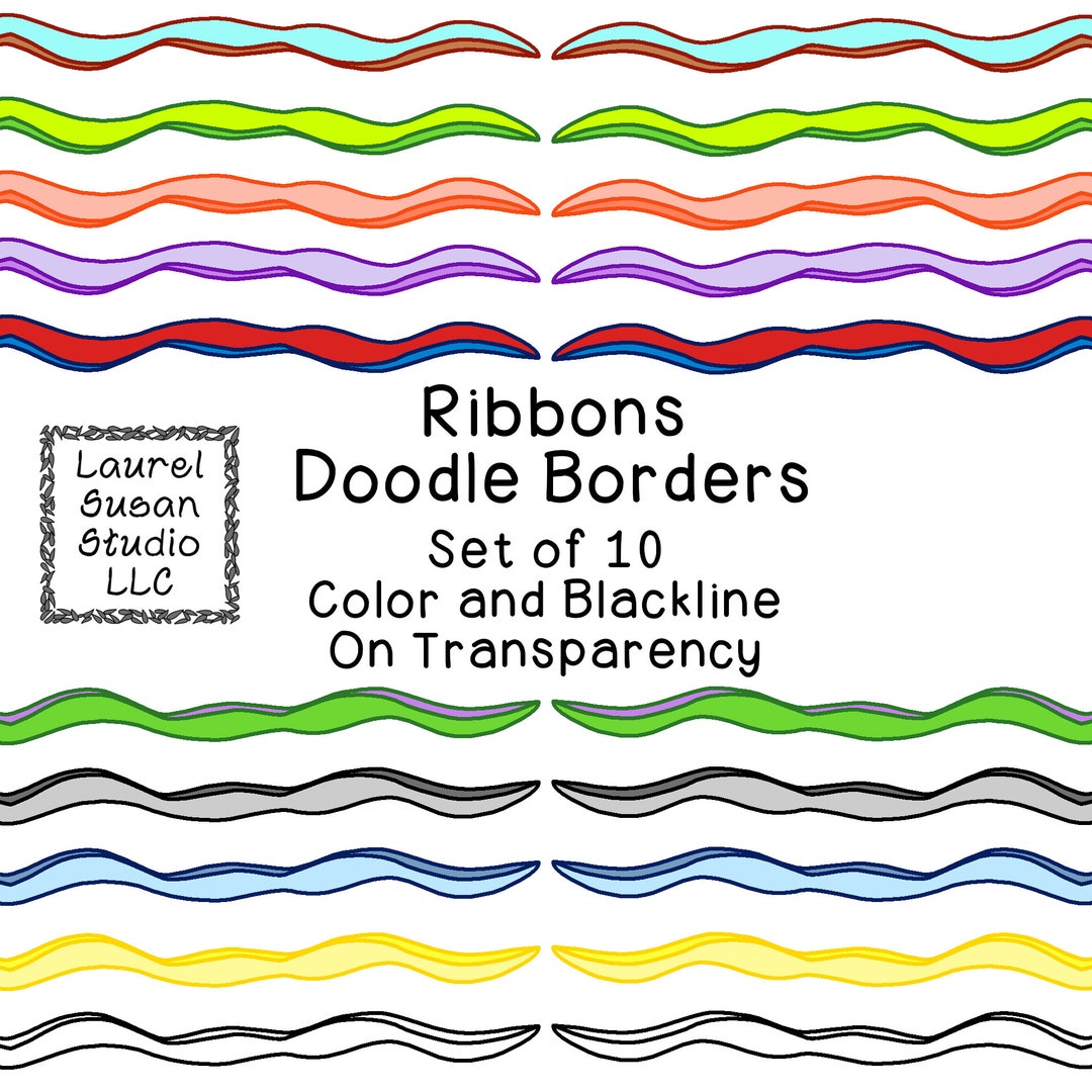 Ribbon Doodle Borders Clip Art PNG Blackline Included Commercial ...