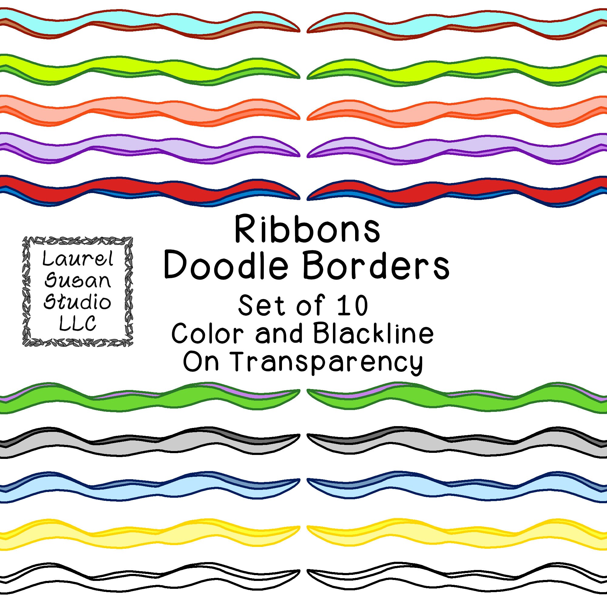 Ribbon Doodle Borders Clip Art PNG Blackline Included Commercial ...