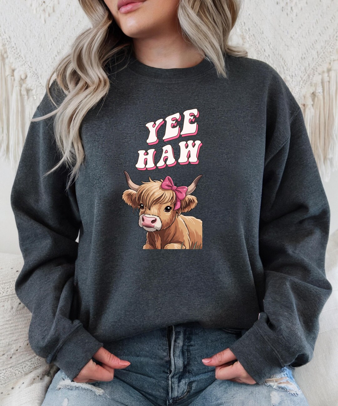 Yee Haw Highland Cow Sweatshirt – Cute Cow Graphic Crewneck, Western ...