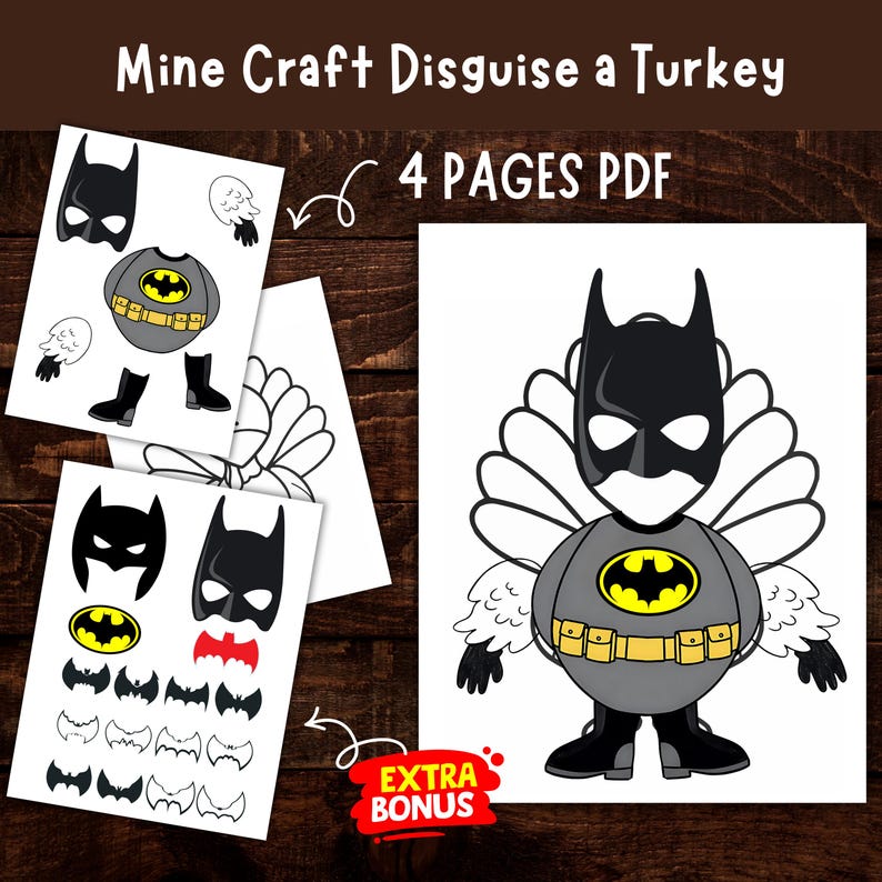 Manualidad imprimible de pavo disfrazado de Batman, proyecto infantil ...