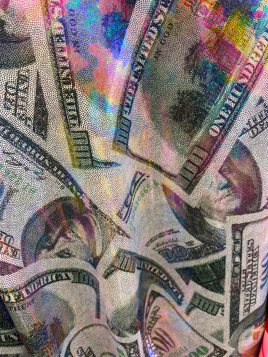 Rainbow Money Glitter Foil Pattern 4 Way Stretch Spandex Fabric, One ...