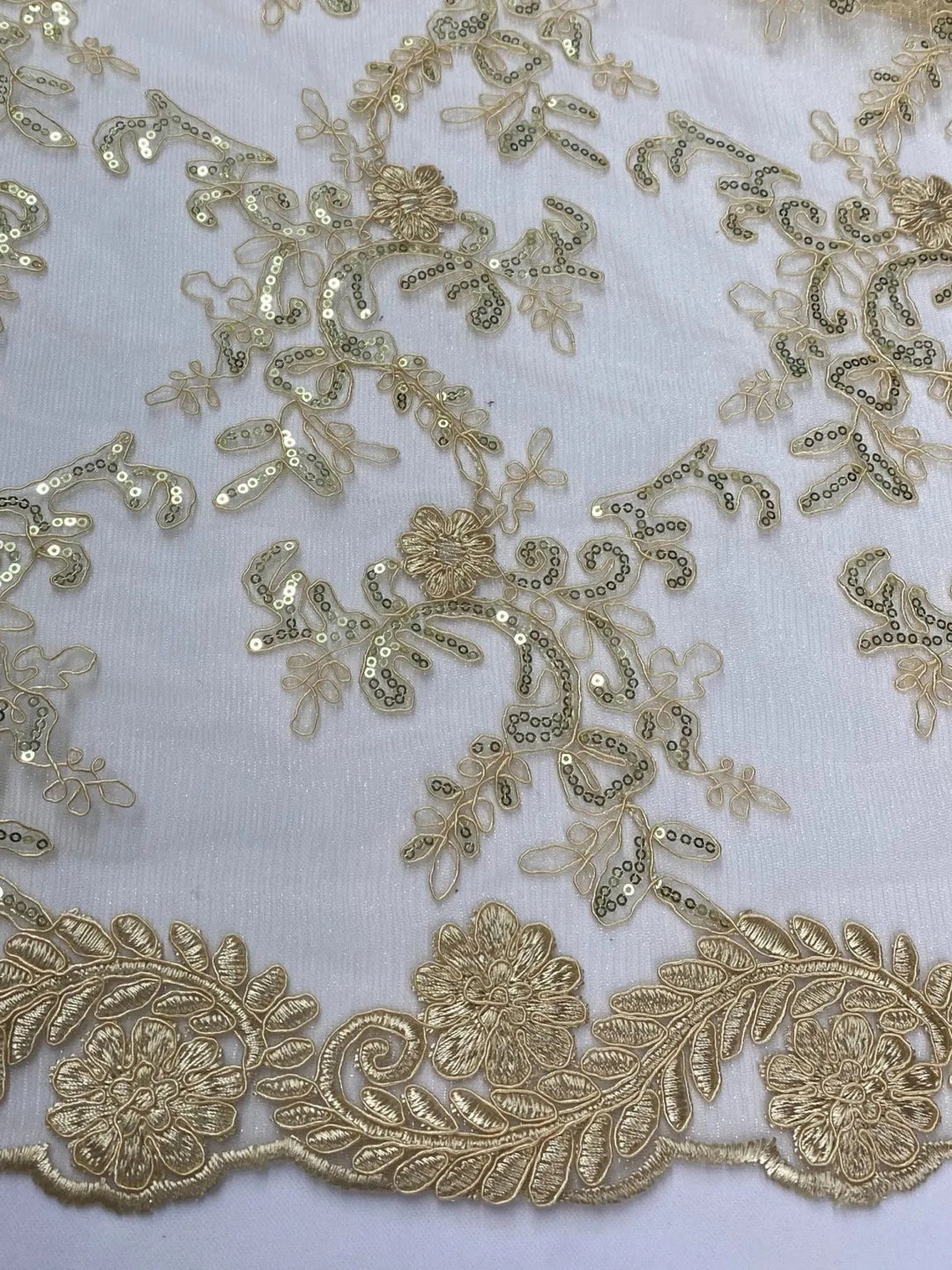 Elena Beige Corded Floral Lace With Sequin Fabric Sold by the Yard - Etsy