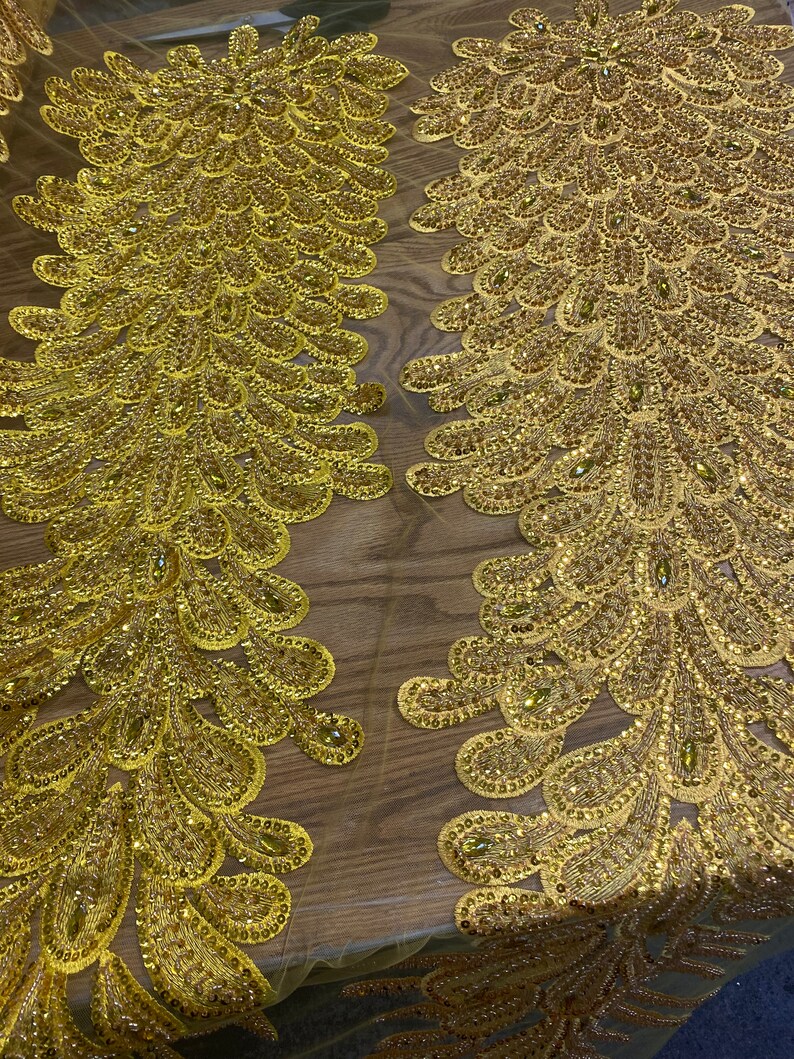 Yellow Peacock Sequin Gem Beaded on Mesh, Sold by the PANEL - Prom ...