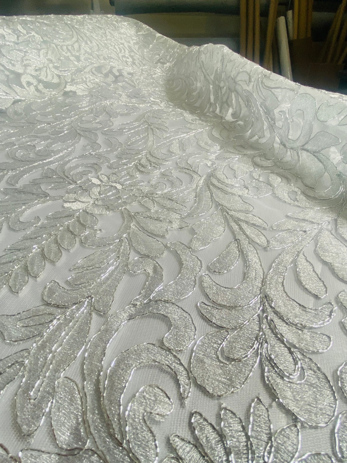 Silver Scalloped Beautiful Lace 53” Wide Great for Dresses, Tablecloth ...