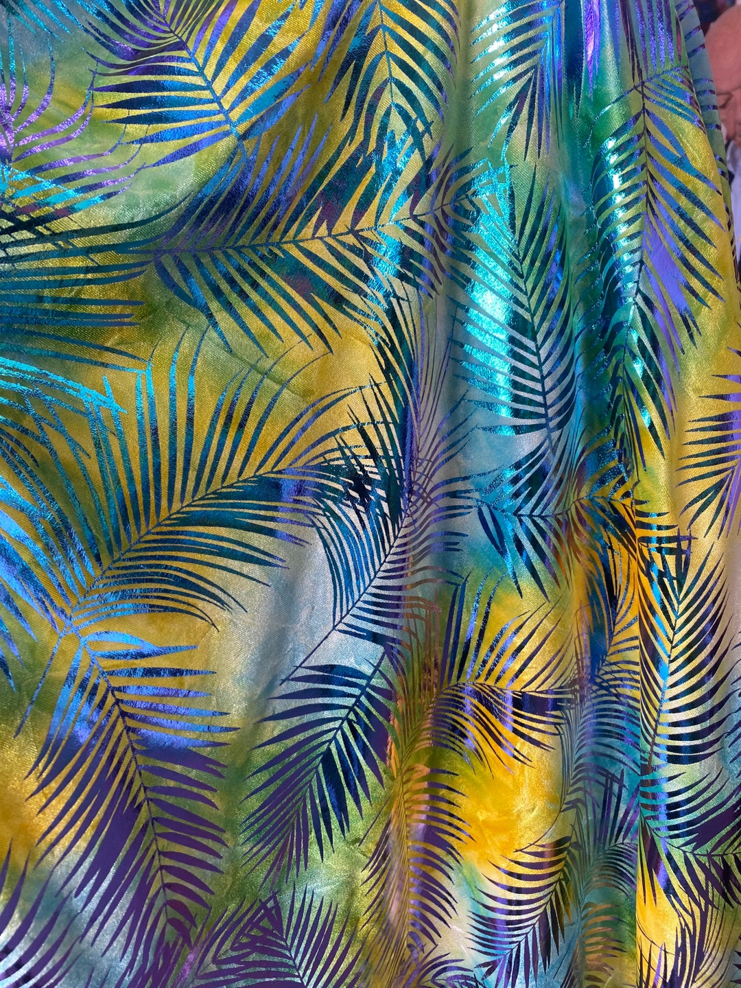 Iridescent Foil Palm 2 Way Stretch on Yellow Spandex Fabric BY THE YARD ...