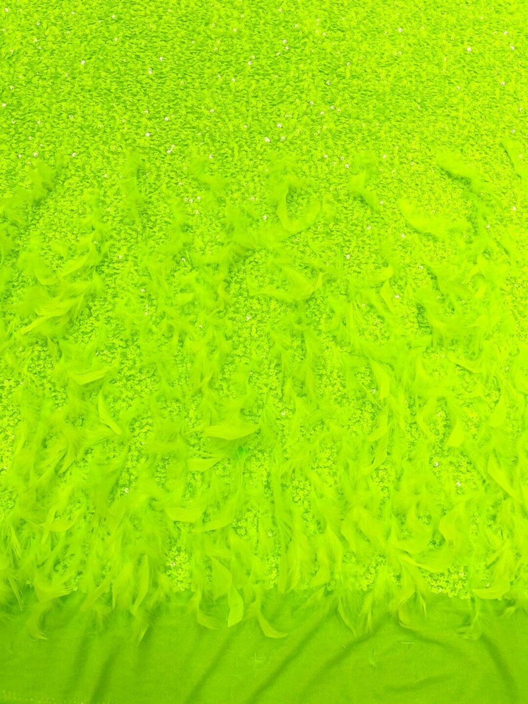 Neon Green Sequin Stretch Velvet With Feathers , 4-way Stretch Fabric ...
