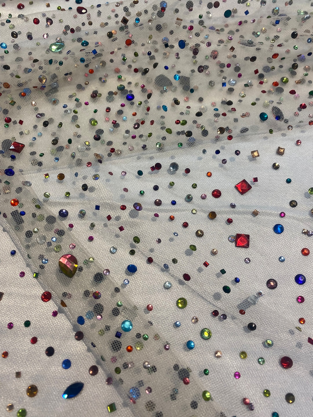 Beaded Multicolored, Rhinestone Gems, on Ivory Mesh Fabric, 54 Inches ...