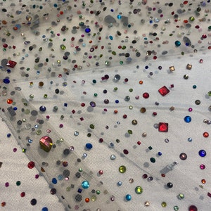 Beaded Multicolored, Rhinestone Gems, on Ivory Mesh Fabric, 54 Inches ...
