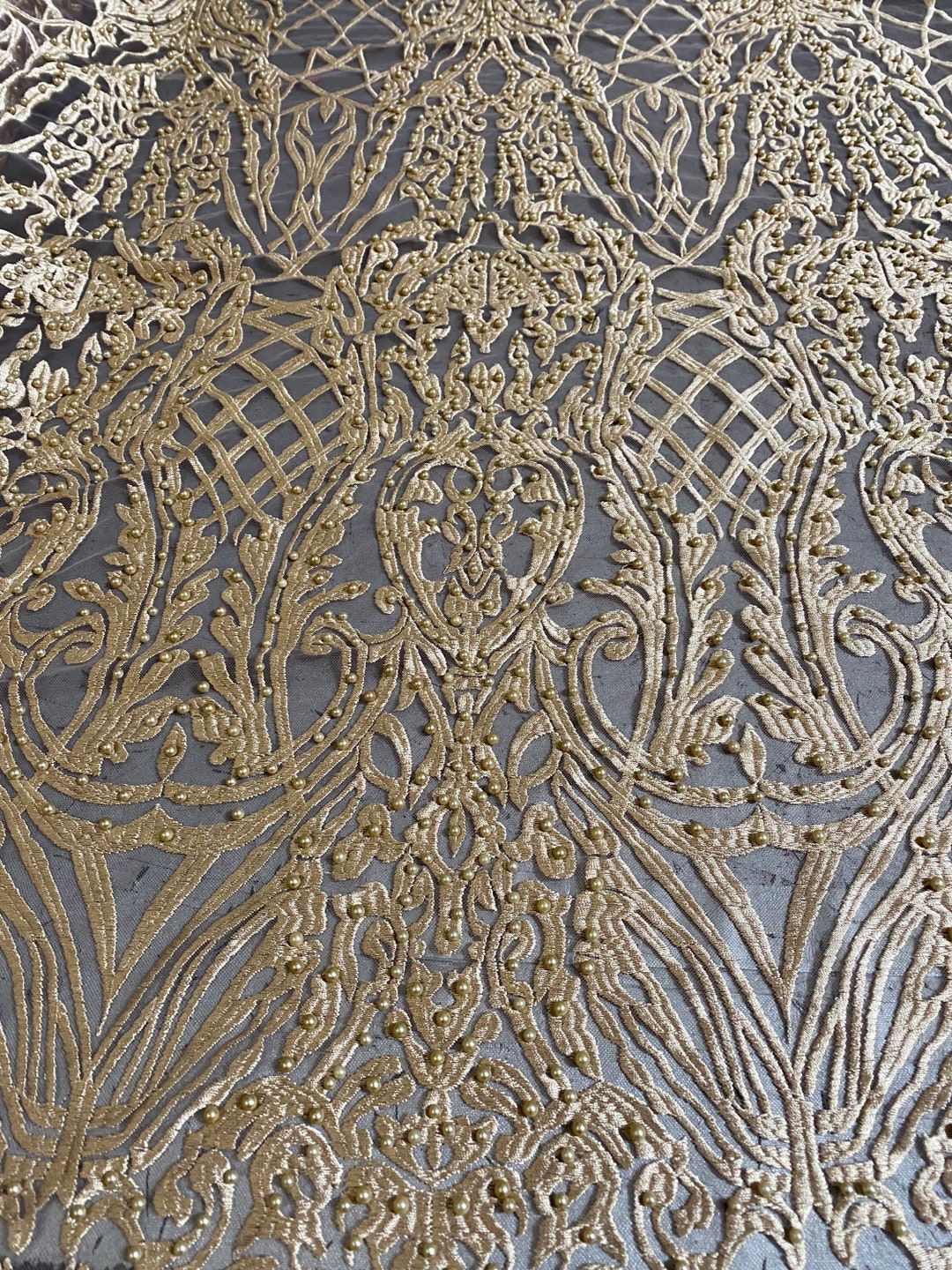 Camel BEADED DAMASK Scalloped Fabric by the Yard, 52" Wide Lace, Mesh ...