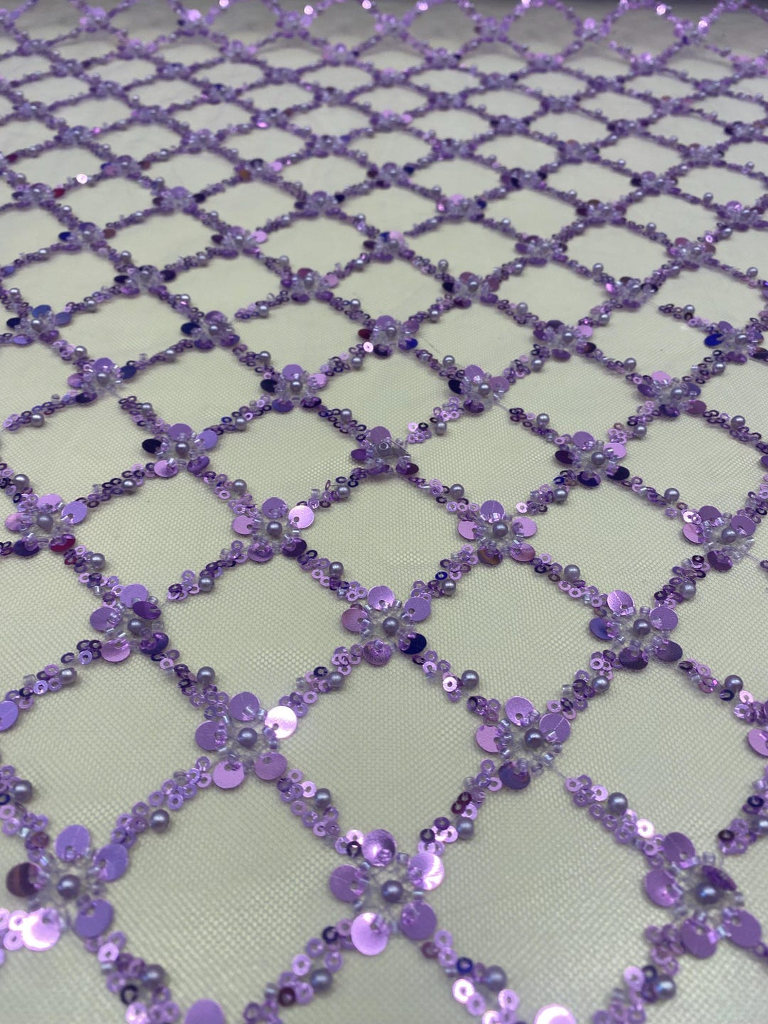 Purple Sequin Beaded Lattice Mesh Fabric | Luxury Embroidered Tulle for ...