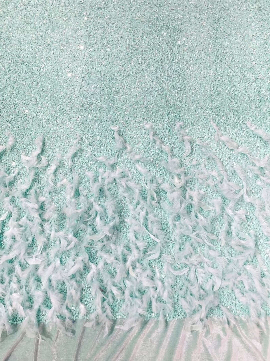 Mint Sequin Stretch Velvet With Feathers , 4-way Stretch Fabric by the ...