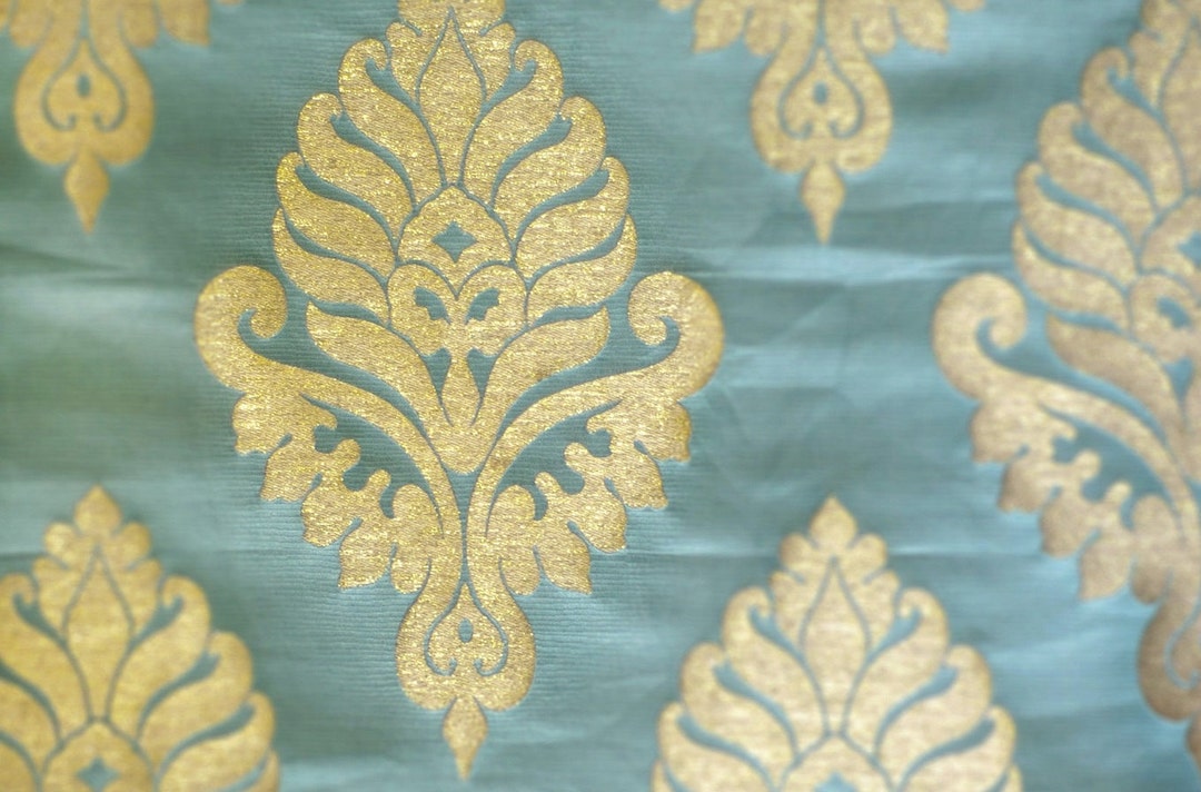 Jacquard Turquoise Glitter Damask Drapery Upholstery 57" Wide Fabric ...