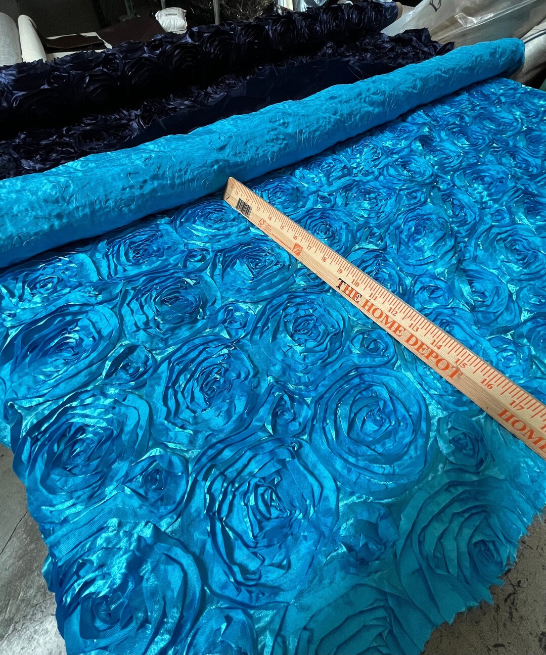Turquoise Satin Rosette 3D Flower Drapery Fabric BY THE YARD 54" Wide ...