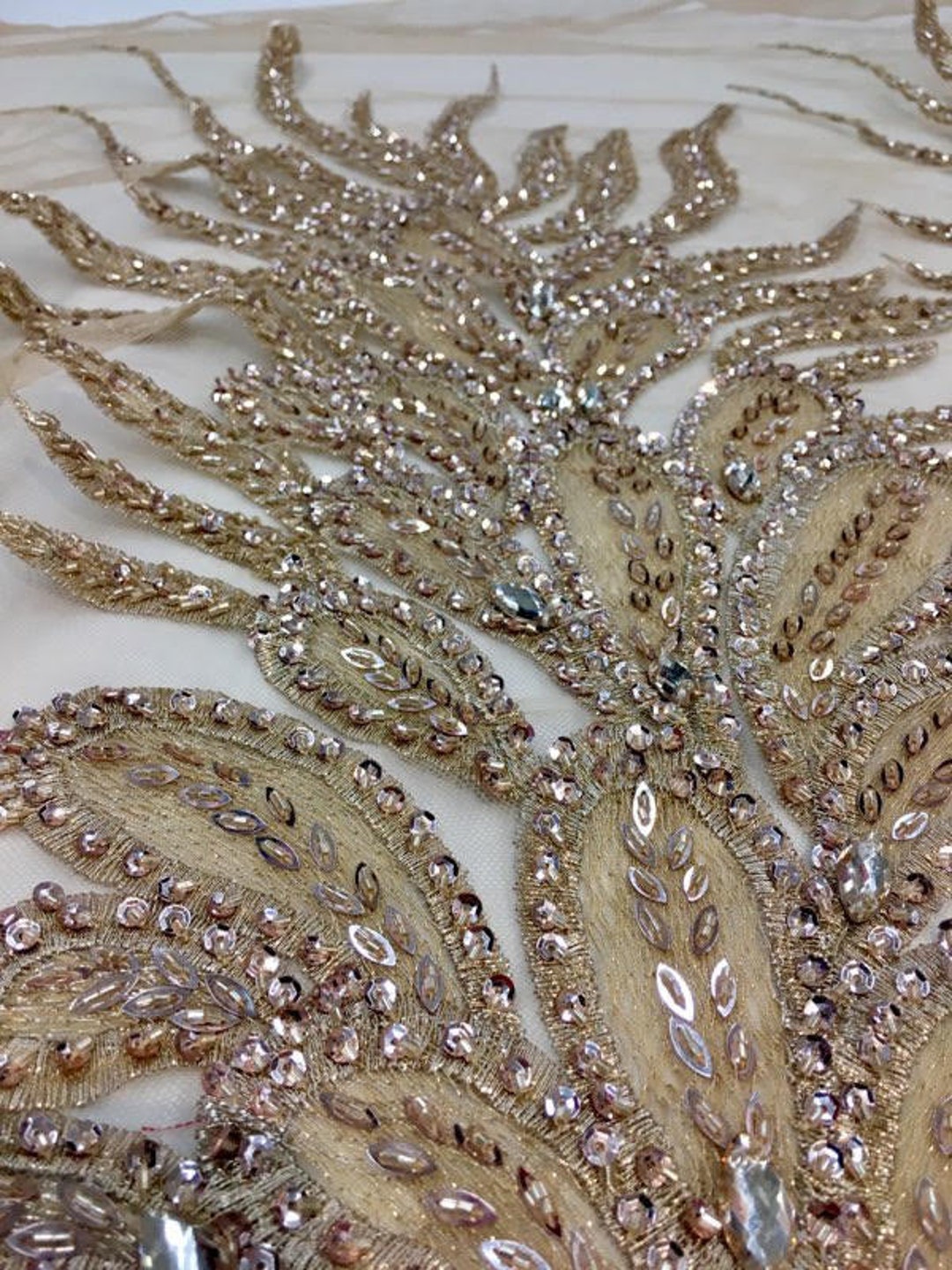 LIGHT GOLD Vegas Peacock Sequin Gem Beaded on Mesh, Sold by the PANEL ...