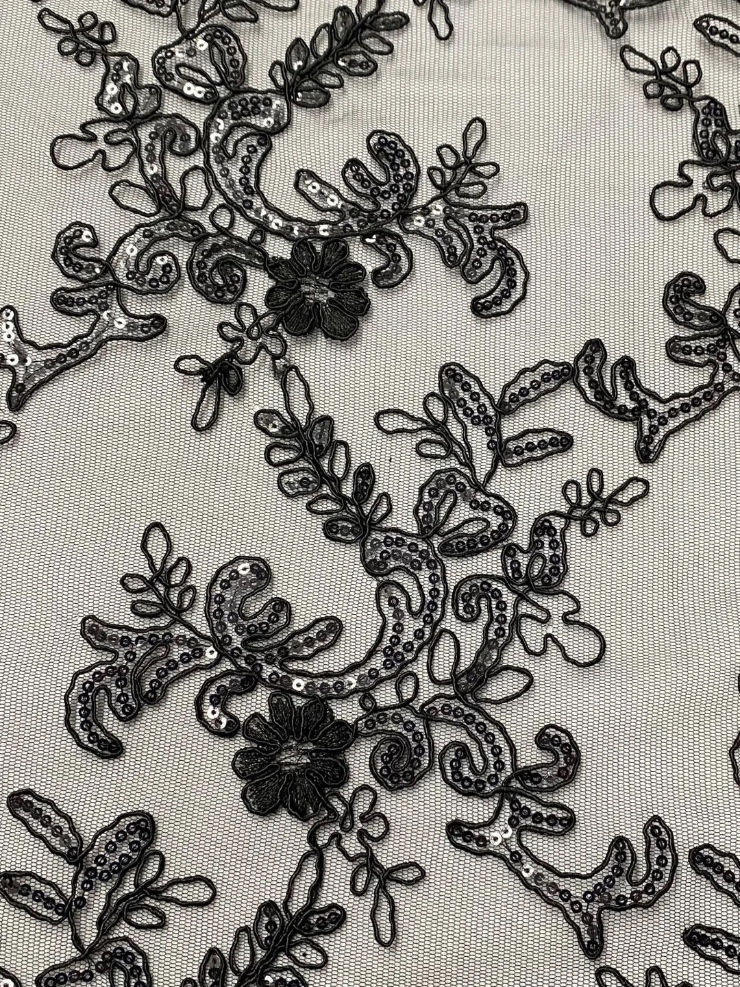 Elena Black Corded Floral Lace With Sequin on Black Mesh Fabric Sold by ...