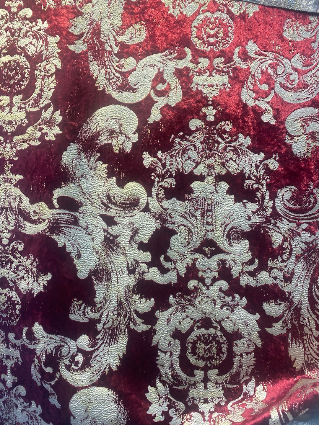 Beige Damask on Red High End Velvet Upholstery Drapery Fabric by the ...