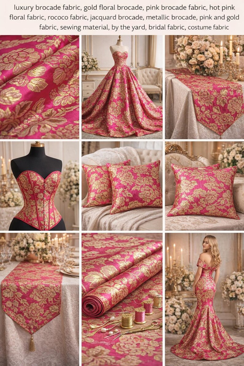 Gold Floral Brocade Fabric on Hot Pink Satin – Elegant Jacquard Flower ...