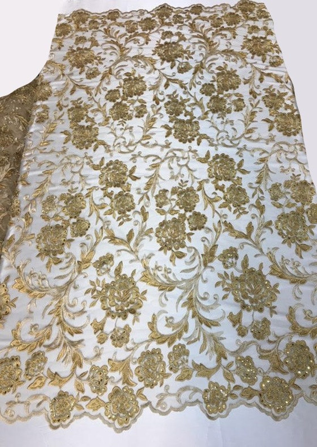 GOLD HAND LACE Scalloped Fabric by the Yard, 52" Wide Lace, Mesh, Dress ...