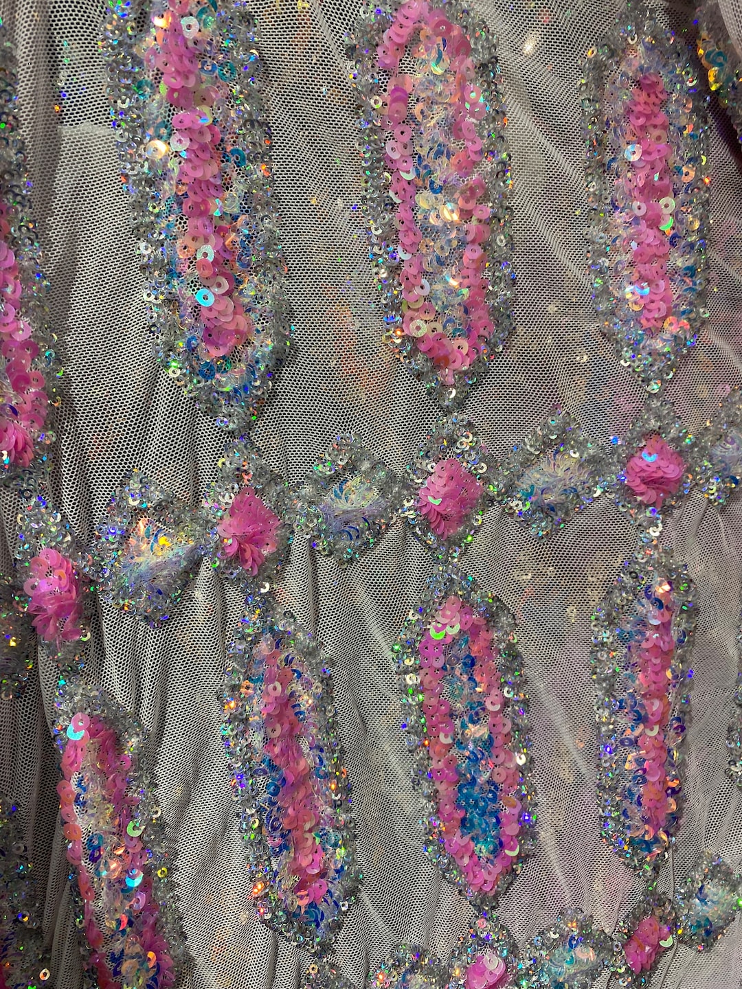 Candy Pink Sequins Gem on White Mesh Jewel Geometric Stretch Sequins ...