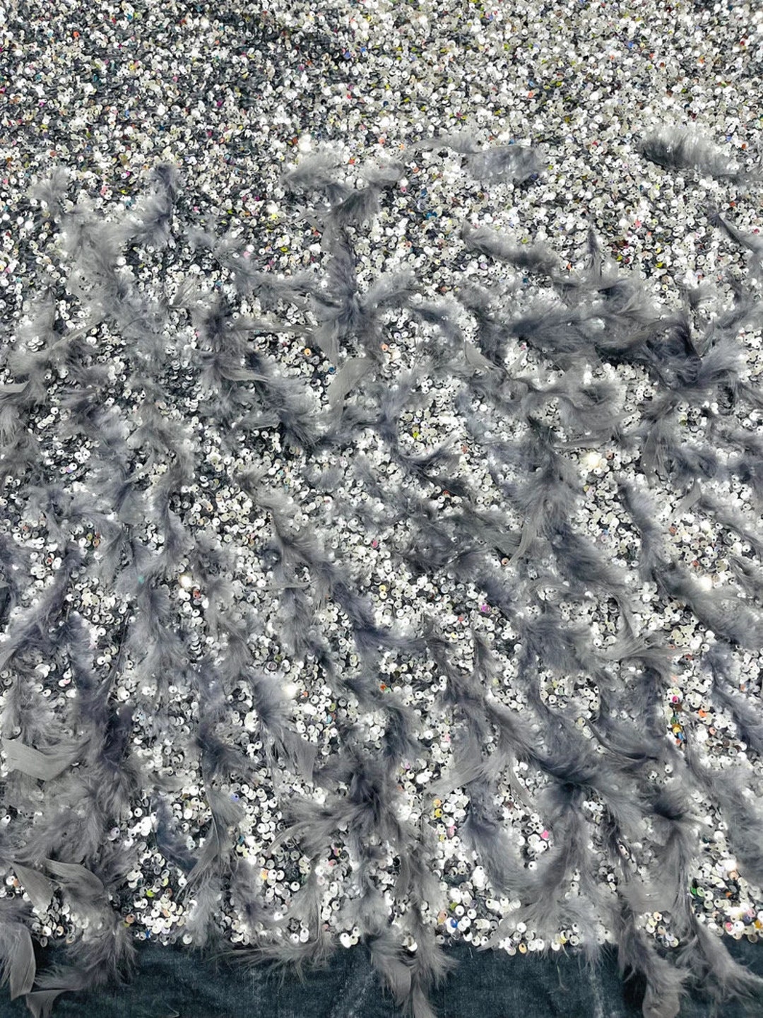Silver Sequin Stretch Velvet With Feathers , 4-way Stretch Fabric by ...