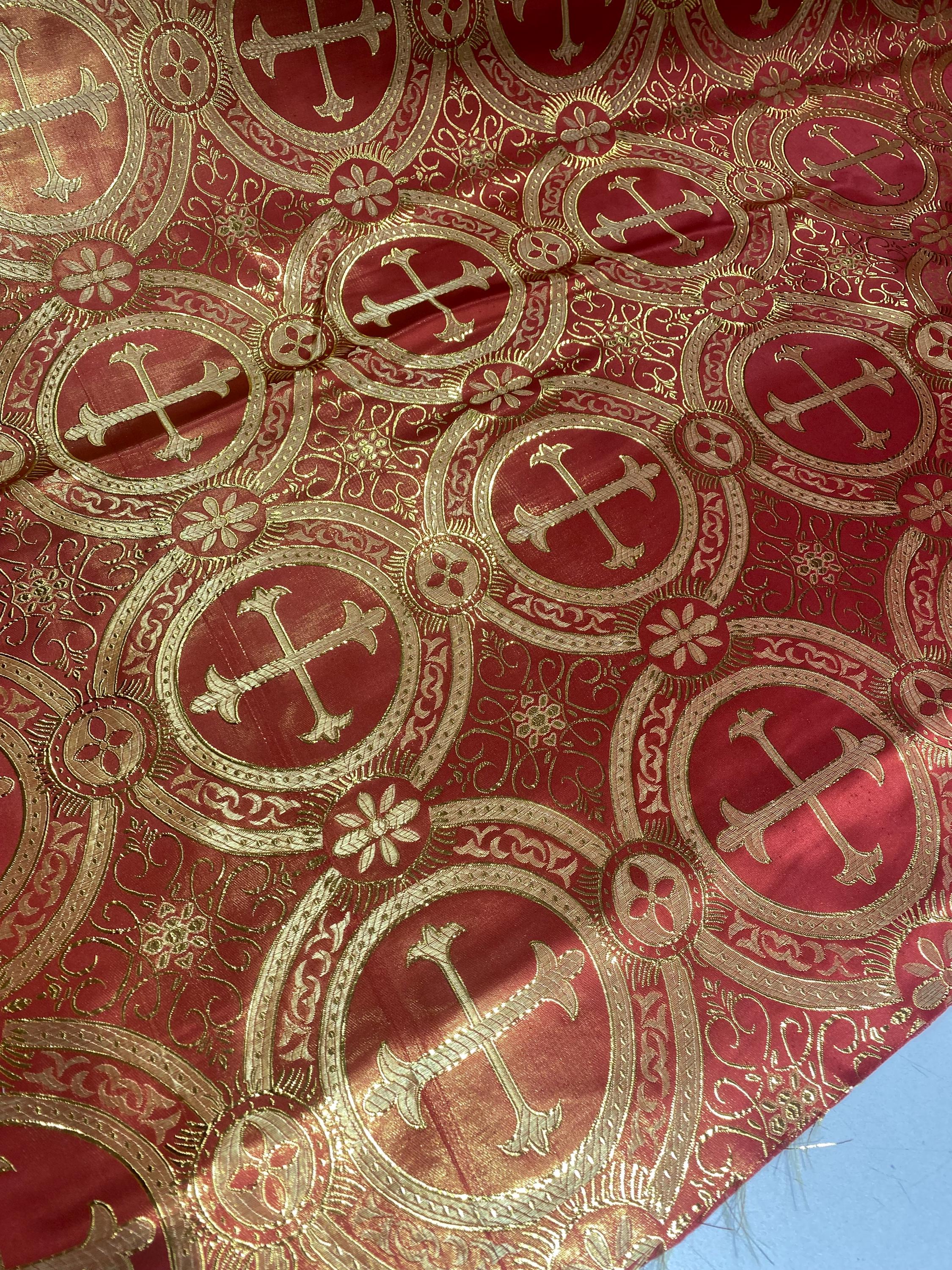 Red Gold Brocade Fabric – Ornate Cross Pattern Upholstery & Church ...